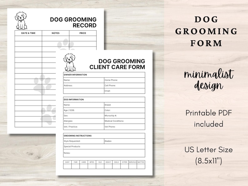 Dog Grooming Form Template |printable Pet Grooming Record Sheet |2-page ...