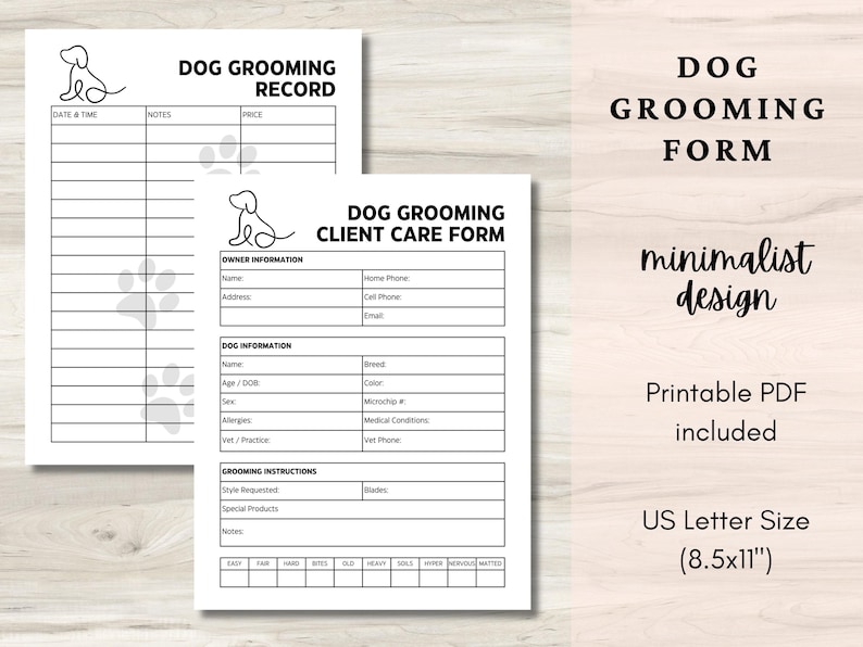 Printable Dog Grooming Form | 2-page Pet Grooming Template | US Letter ...