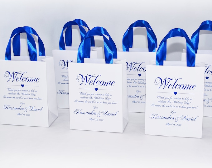 20 Royal Blue Wedding Welcome Bags With Satin Ribbon Handles, Bow and ...
