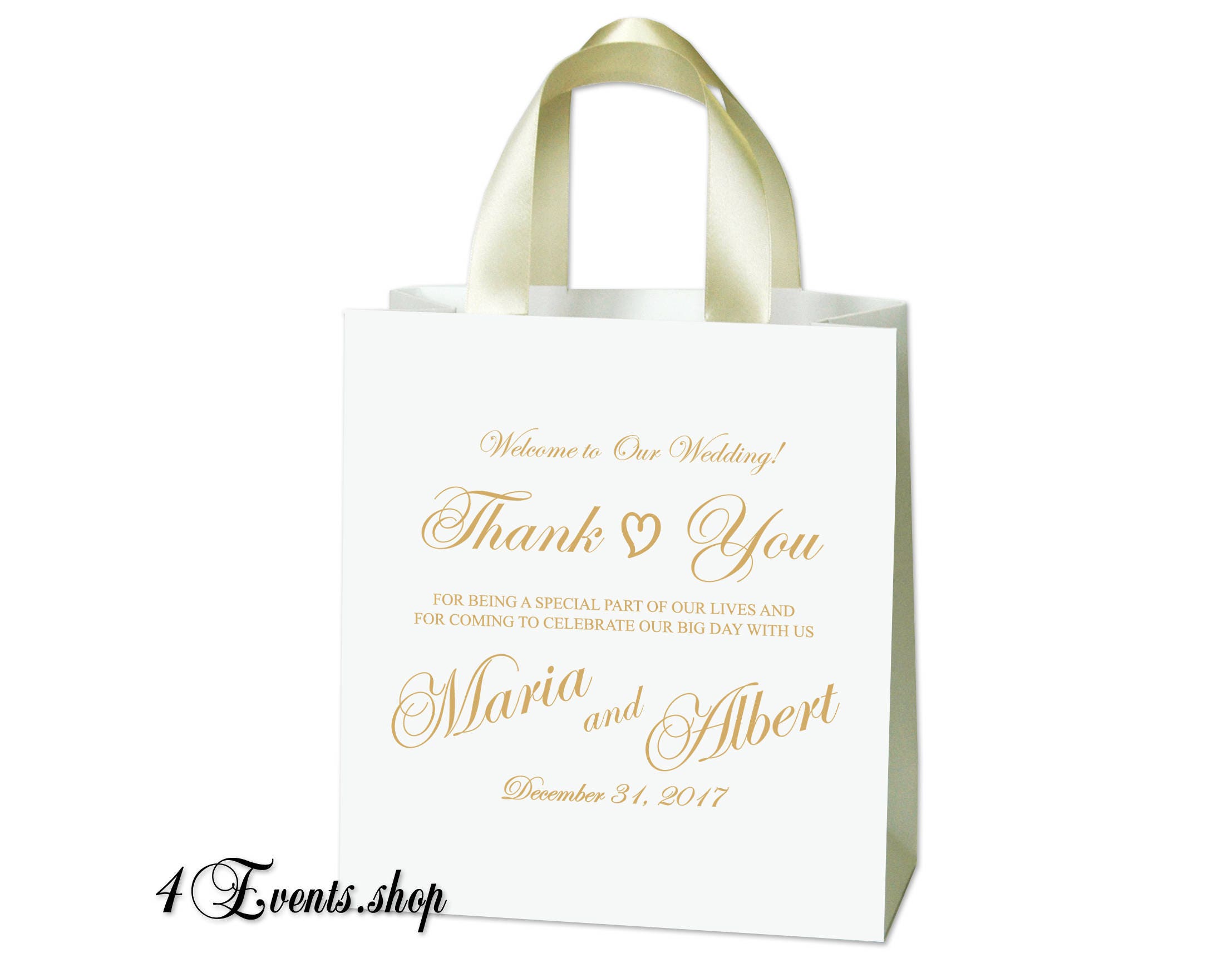 35 Wedding Welcome Bags With Ivory Satin Ribbon Handles and Gold Names ...