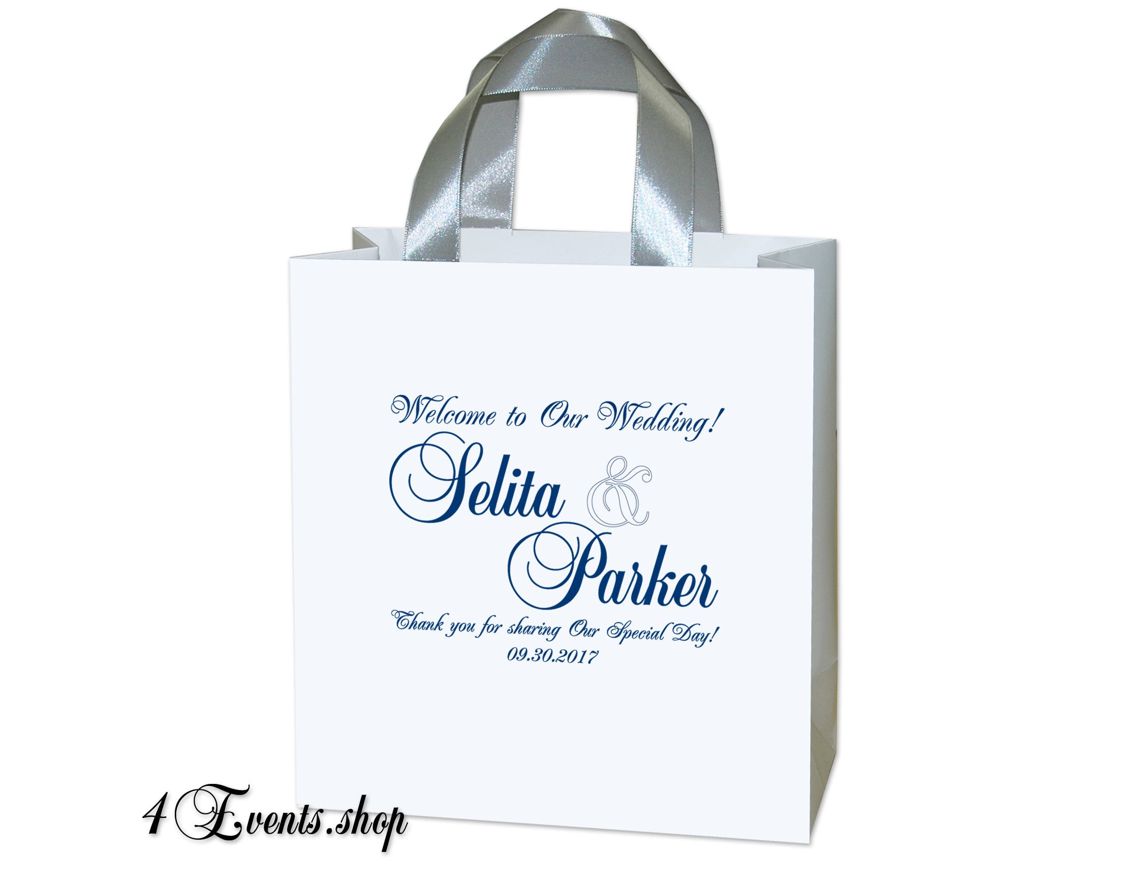 35 Wedding Welcome Bags with Silver satin ribbon and Navy Blue | Etsy