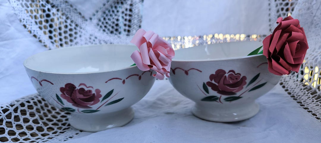 Antique Badonviller Café Au Lait Bowls X2 Green and Red Flowers ...