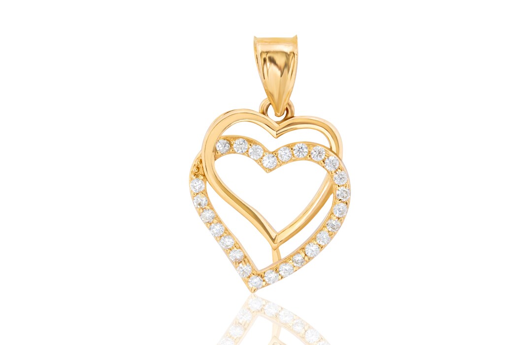 14k Solid Gold Double Heart CZ Pendant: Intertwined Love Charm - Etsy