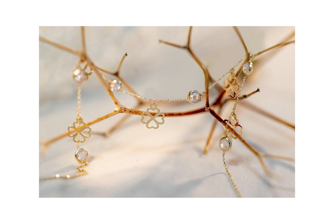 14k Four Leaf Clover Design Necklace - Solid Gold - Dainty - Resizable ...