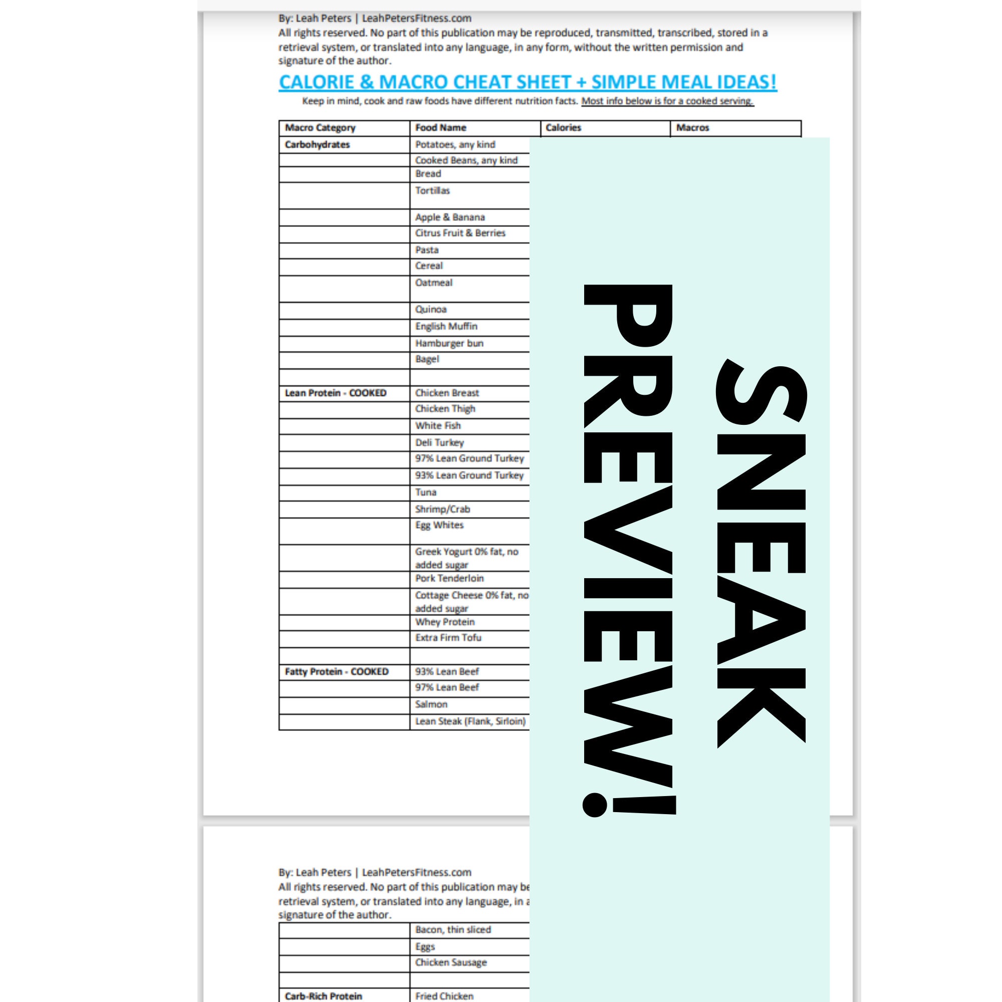 Calorie Cheat Sheet for Weight Loss, Dieting, Meal Planning, Food Log ...
