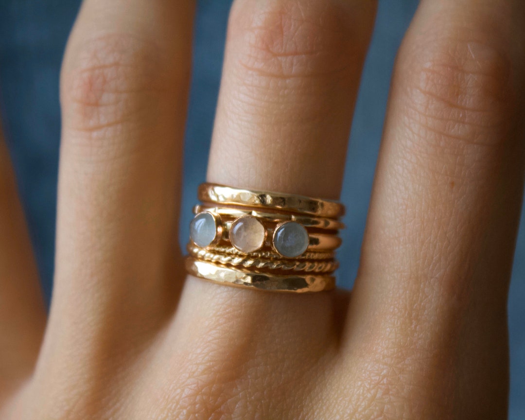 Aquamarine Moonstone Ring/ Stackers/ Stackable Bands/ Dainty/ 14k Gold ...