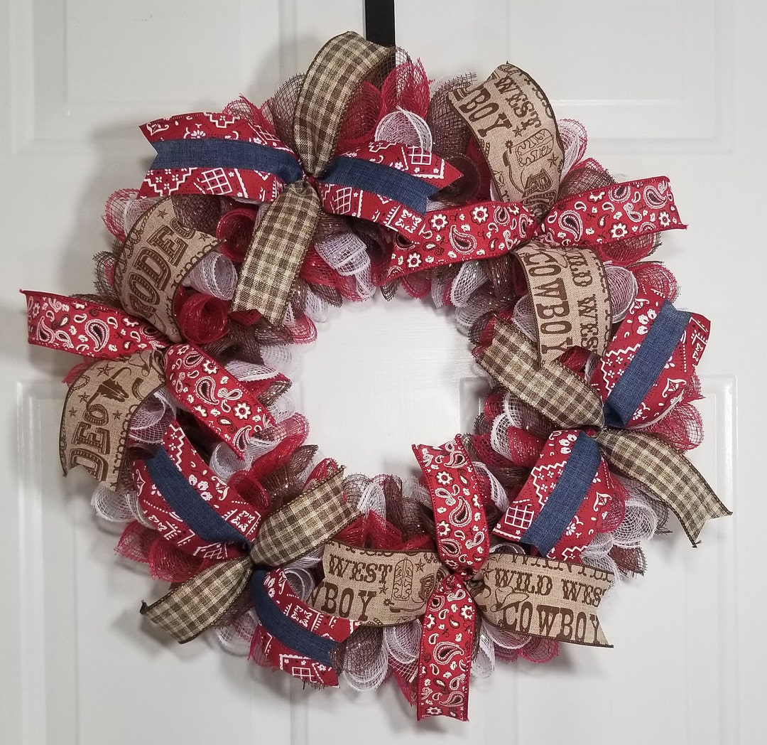 Rodeo Themed Front Door Wreath, Western Cowboy Home Decor, Red Bandana ...
