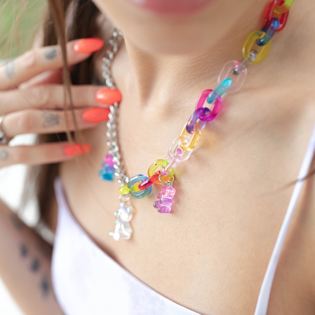 Y2K Aesthetic; Rainbow Cute Jelly Bear Gummy Necklaces for Women Girls ...
