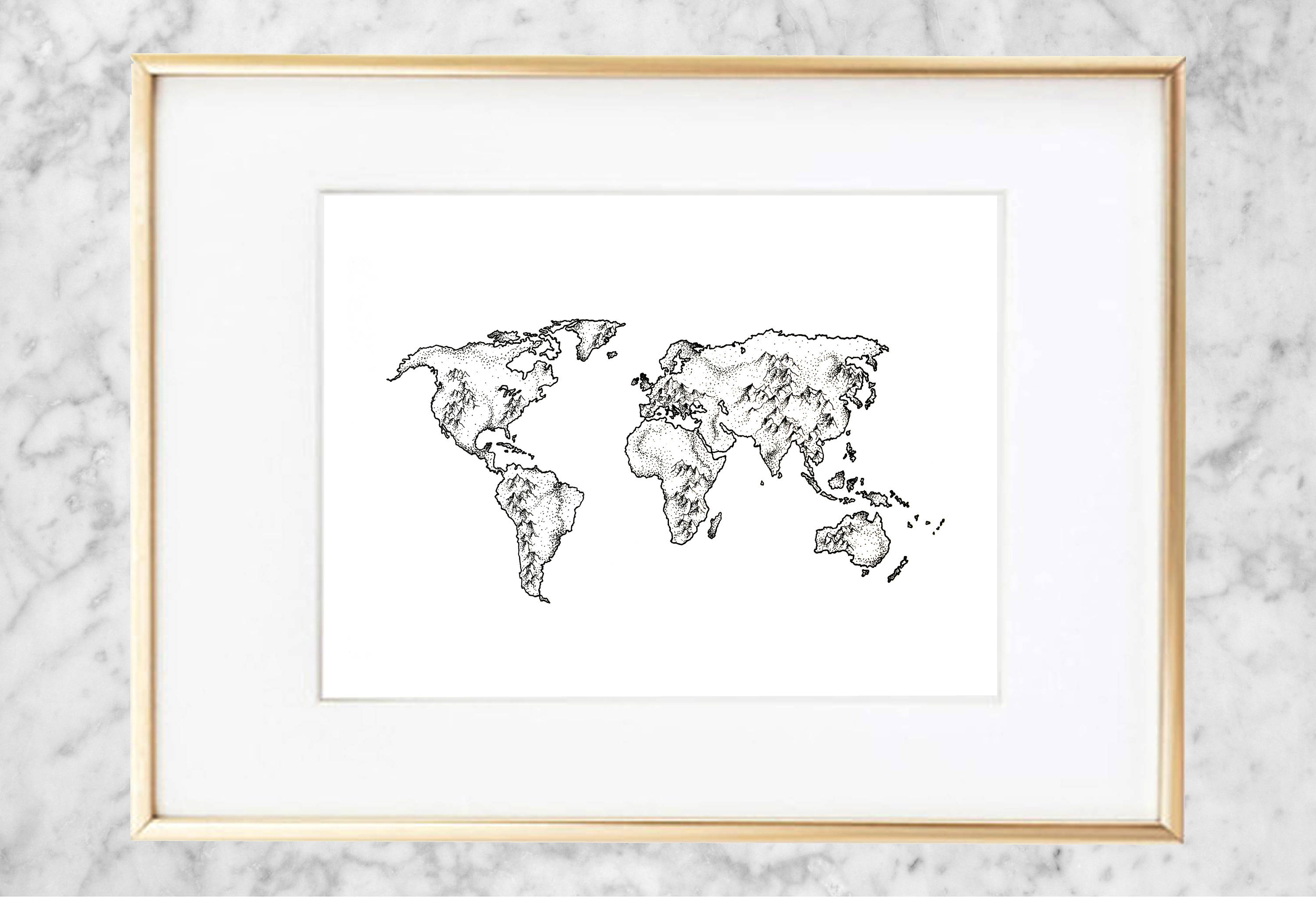 Minimalist World Map Pen Sketch Print - Etsy
