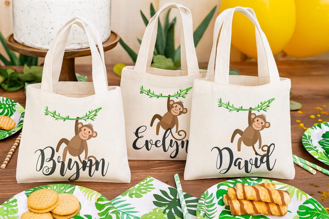 3 Monkey Jungle Party Favor Bags, Personalized Cotton Goodie Bags - Etsy