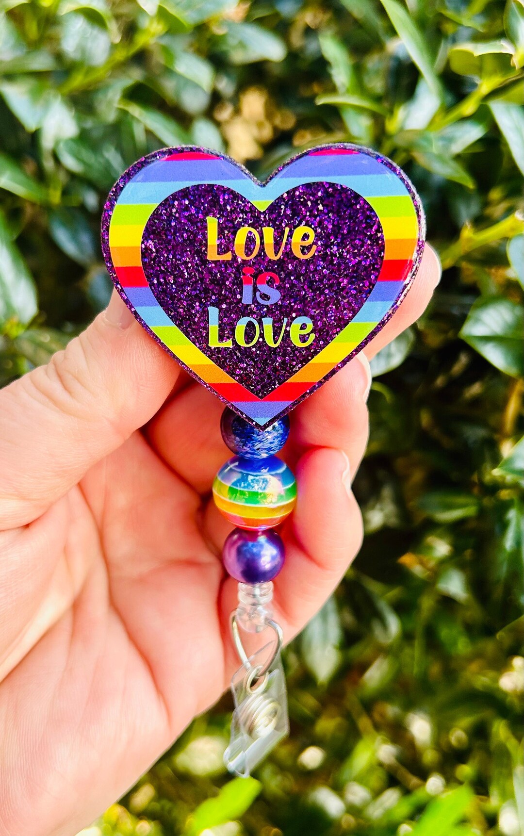 Love is Love Heart Badge Reel, LGBTQ Rainbow Glitter ID Holder - Etsy