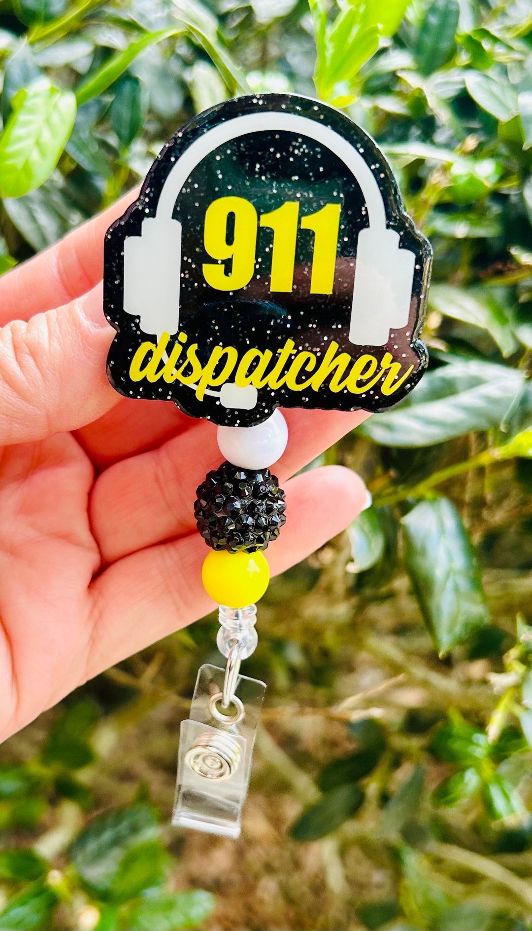911 Emergency Dispatcher Badge Reel, Cute Glitter Retractable Lanyard ...