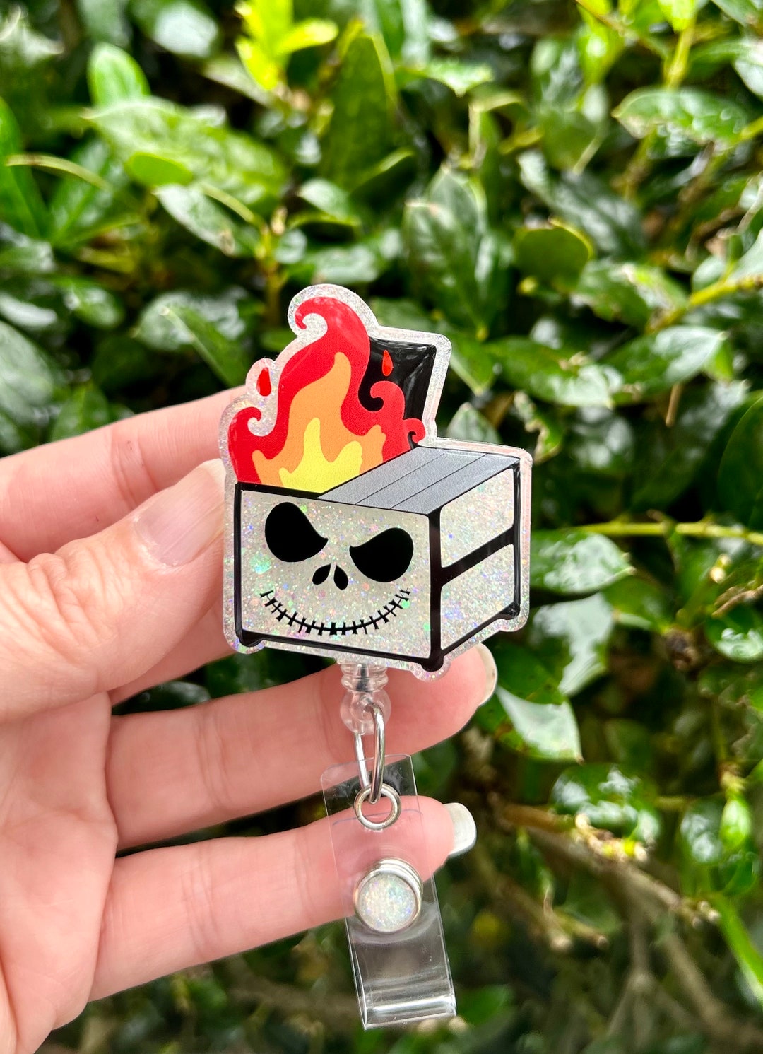 Glow in the Dark Skeleton Dumpster Fire Badge Reel, Halloween Glitter ...
