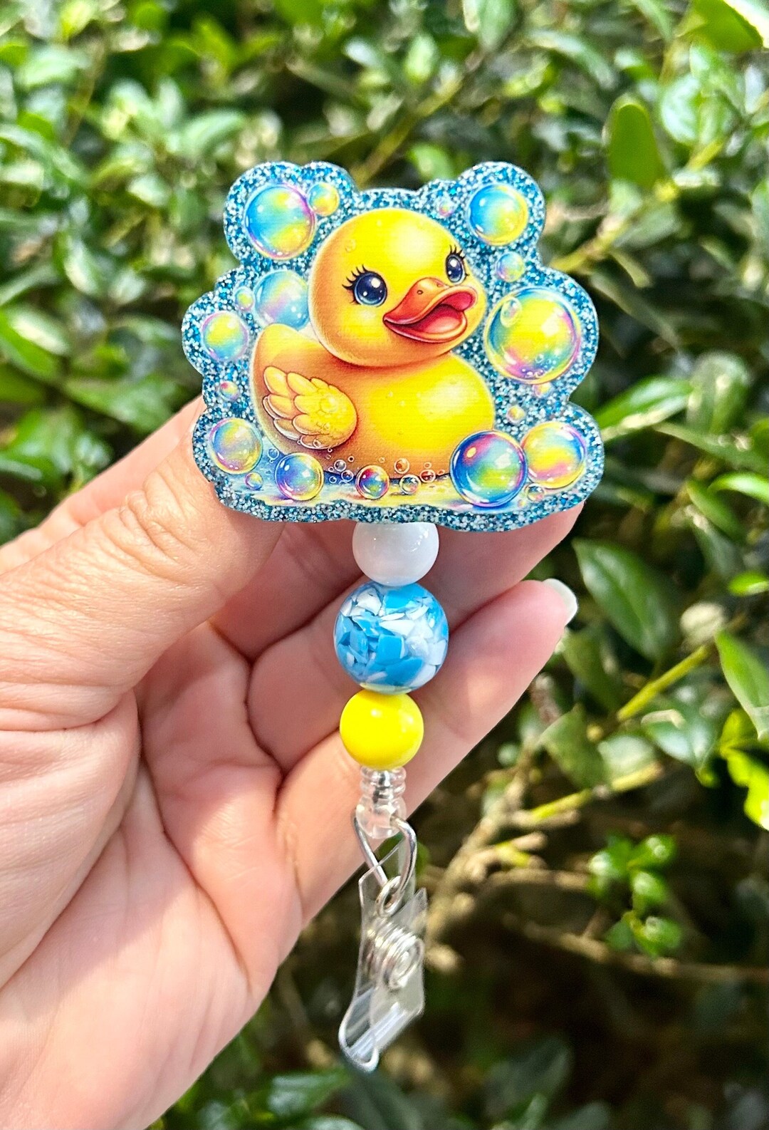 Baby Duck and Bubbles Badge Reel, Cute Pediatric Badge Holder, Glitter ...