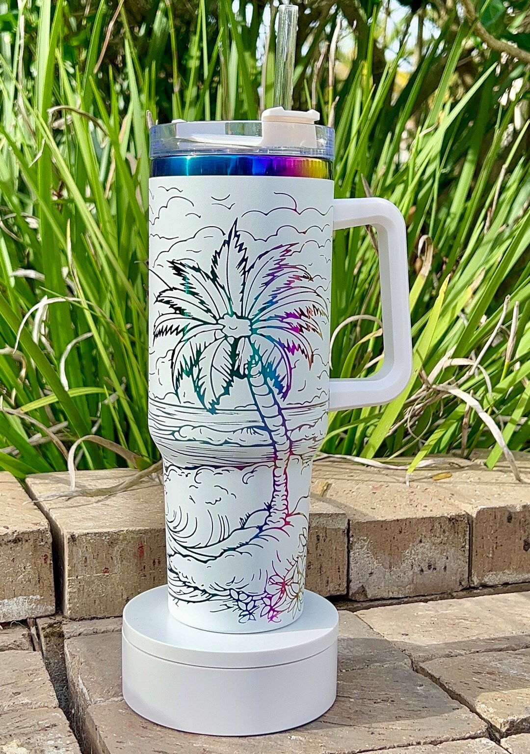 Holographic Engraved Beach Ocean Scene Tumbler, 40 Oz Laser Engraved ...