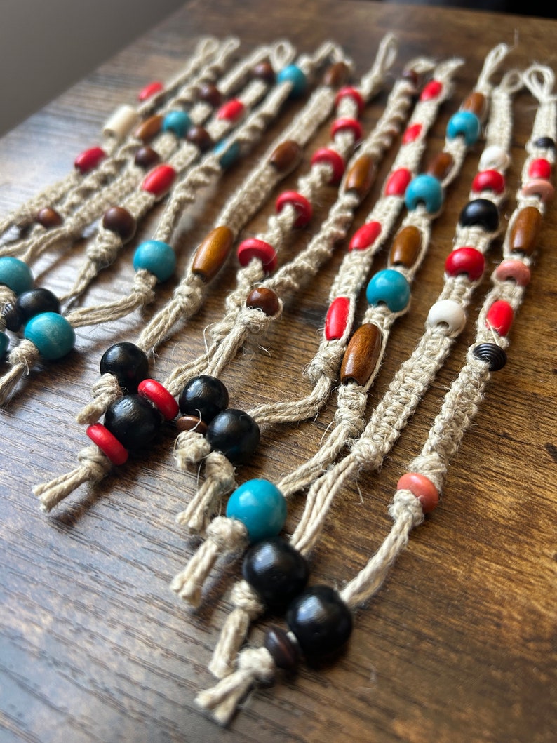 Classic 90s Macrame Bracelet, Natural Hemp Cord With Wooden Beads, Boho ...
