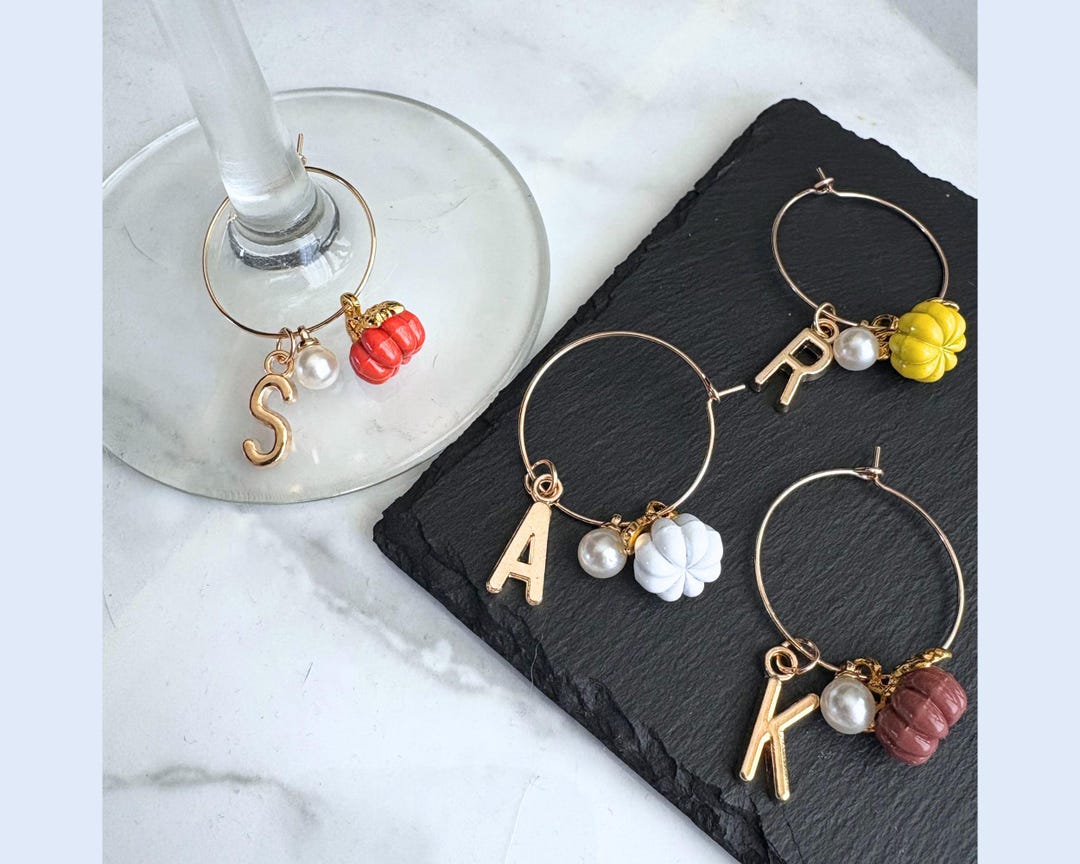 Pumpkin and Initial Wine Glass Charms | Thanksgiving Table Decor ...