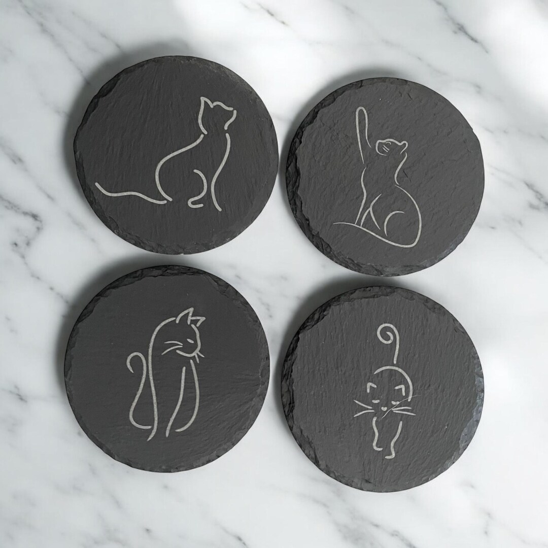 Cute Cat Slate Coasters - Set of 4 - Adorable Engraved Cat Coaster ...