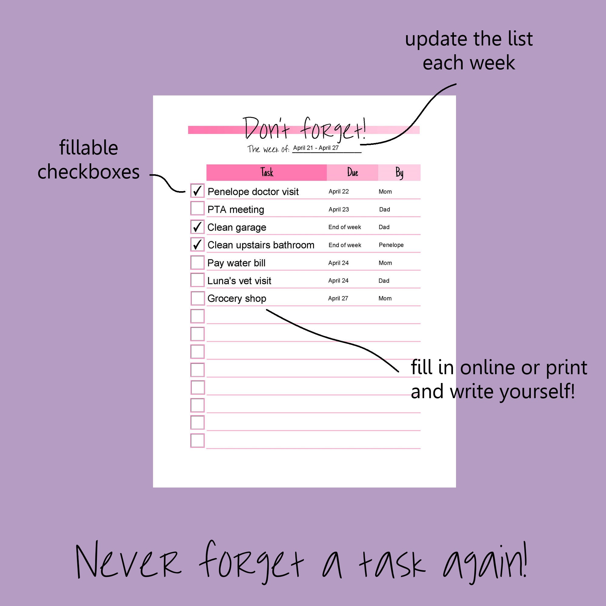 Don't Forget! Editable, Fillable, Printable Weekly To-do and Checklist ...