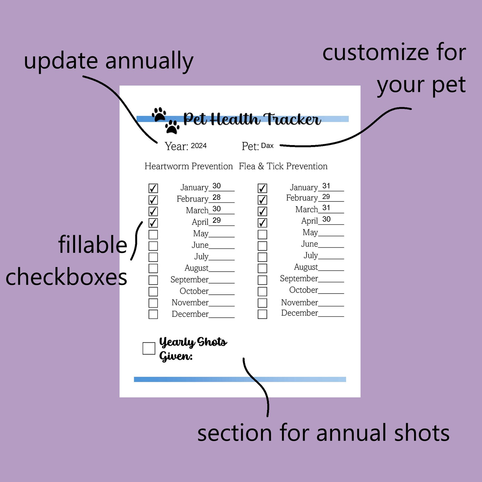 Pet Health Tracker! Editable, Fillable, Printable Annual Checklist for ...