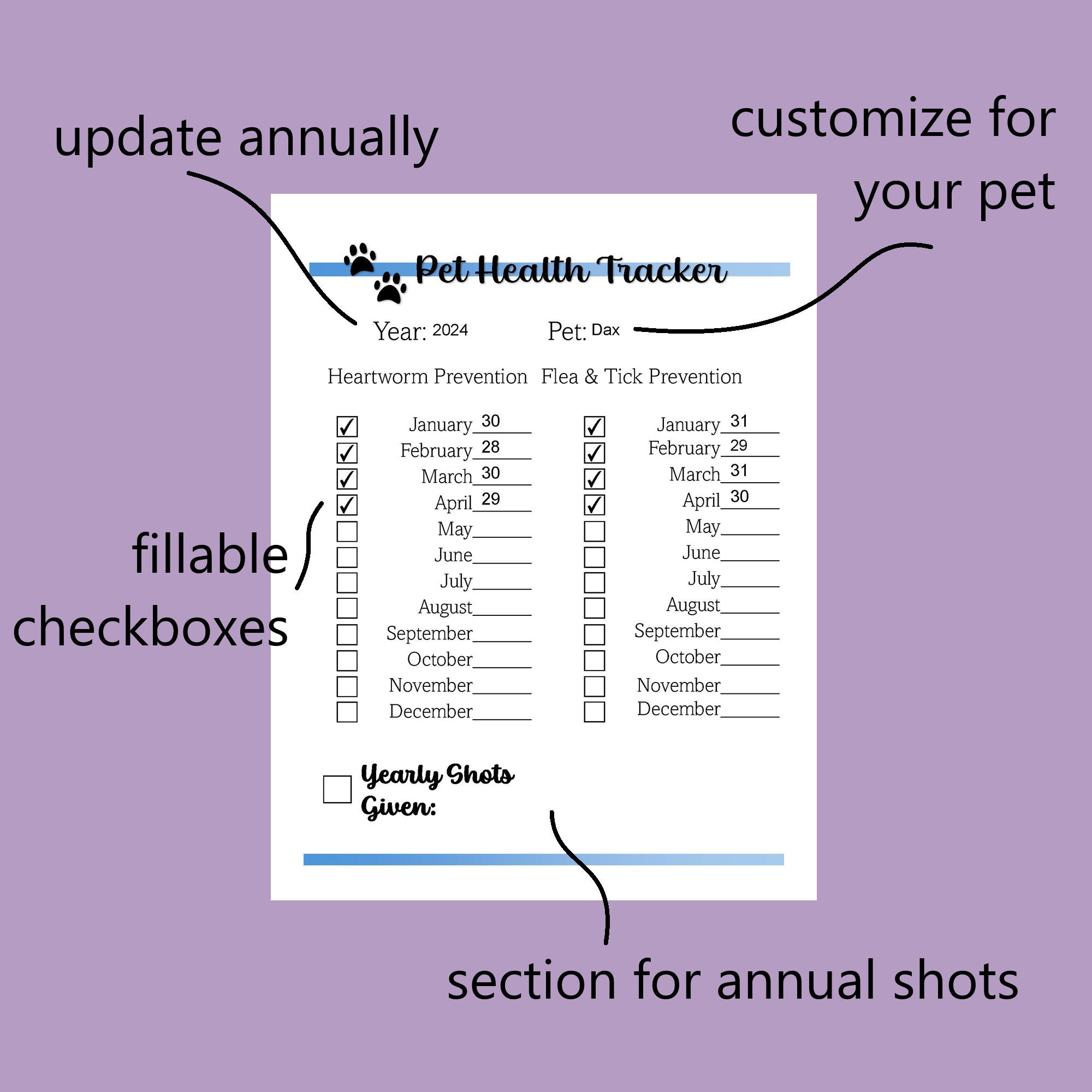 Pet Health Tracker! Editable, Fillable, Printable Annual Checklist for ...