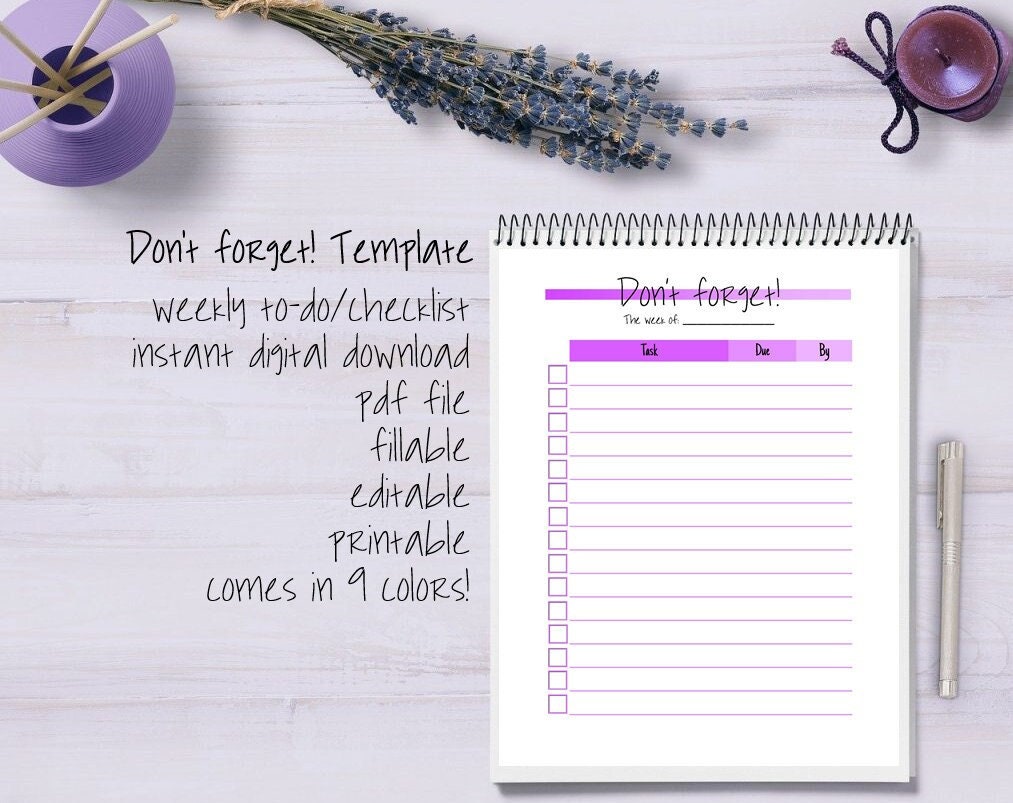 Don't Forget! Editable, Fillable, Printable Weekly To-do and Checklist ...