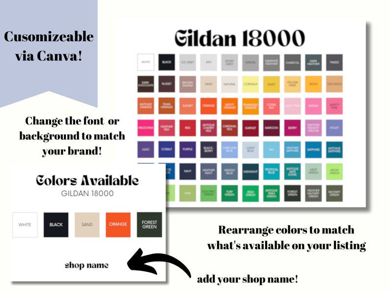 Gildan Color Chart Downloadable Template Gildan 1800 Editable - Etsy