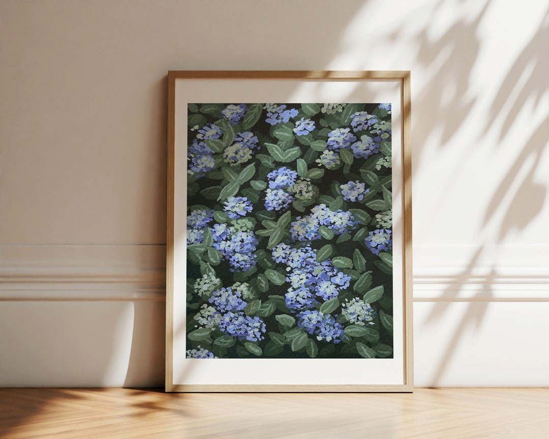 Blue Hydrangeas Gouache Painting Art Print, 8x10 Blue Floral Wall Art ...