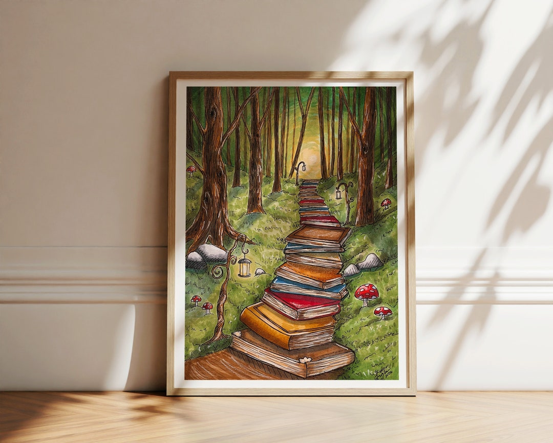Cottagecore Book Path Art Print: Mushroom Forest Illustration - Etsy