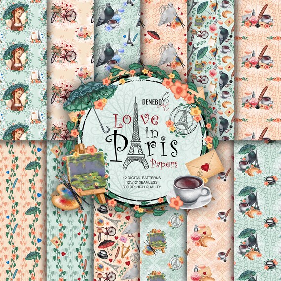 Paris Digital Paper Pack Romantic Digital Set Download Eiffel | Etsy