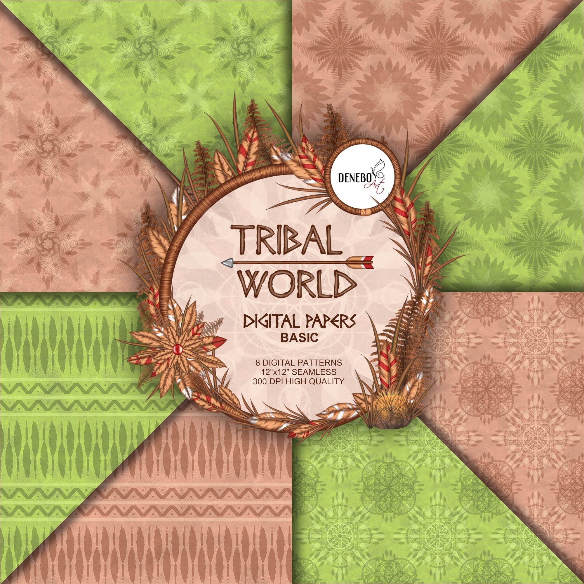 Green Digital Paper Set Brown Papers Seamless Pattern Native American ...