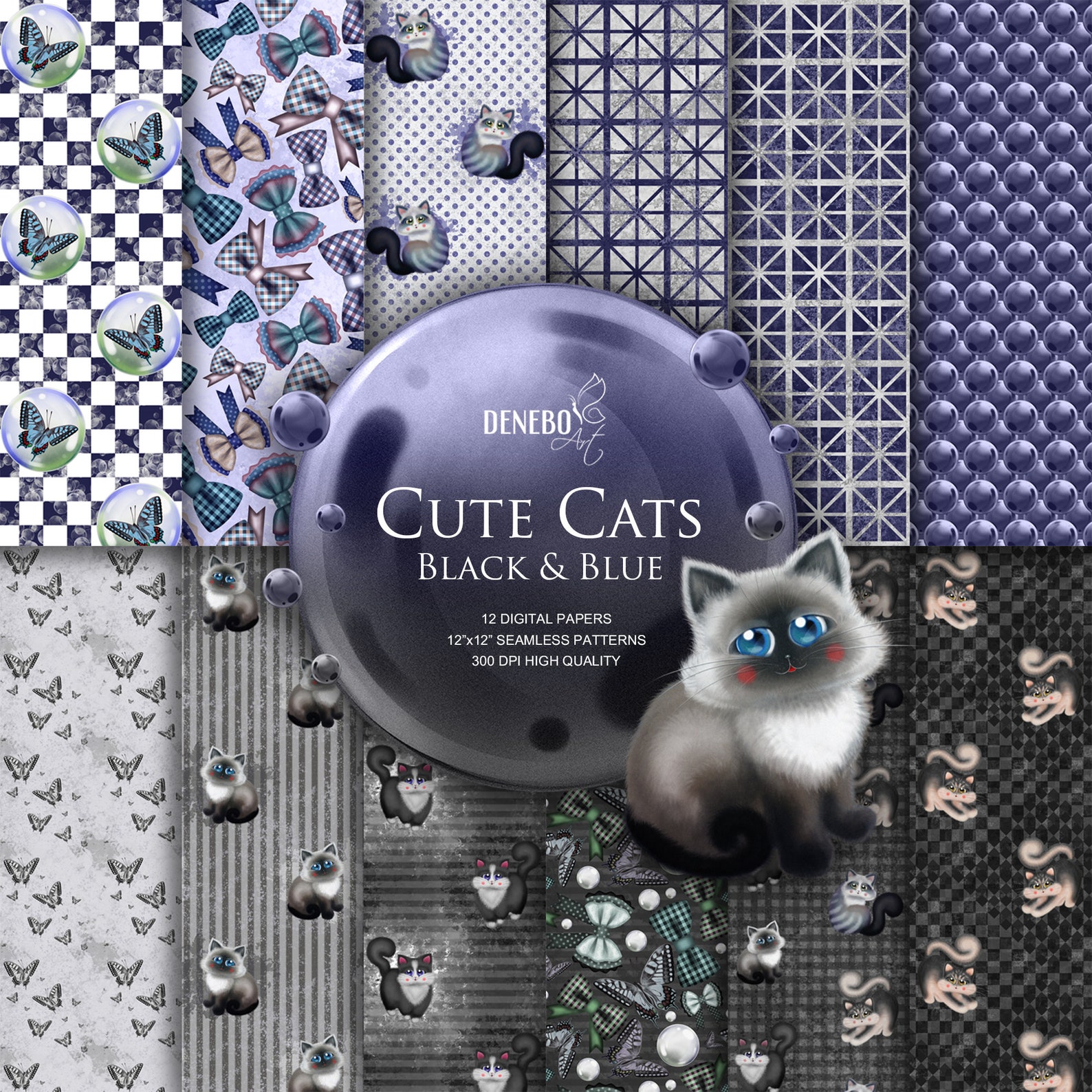 Cat Digital Papers, Seamless Pattern, Black and Blue Paper, Digital ...