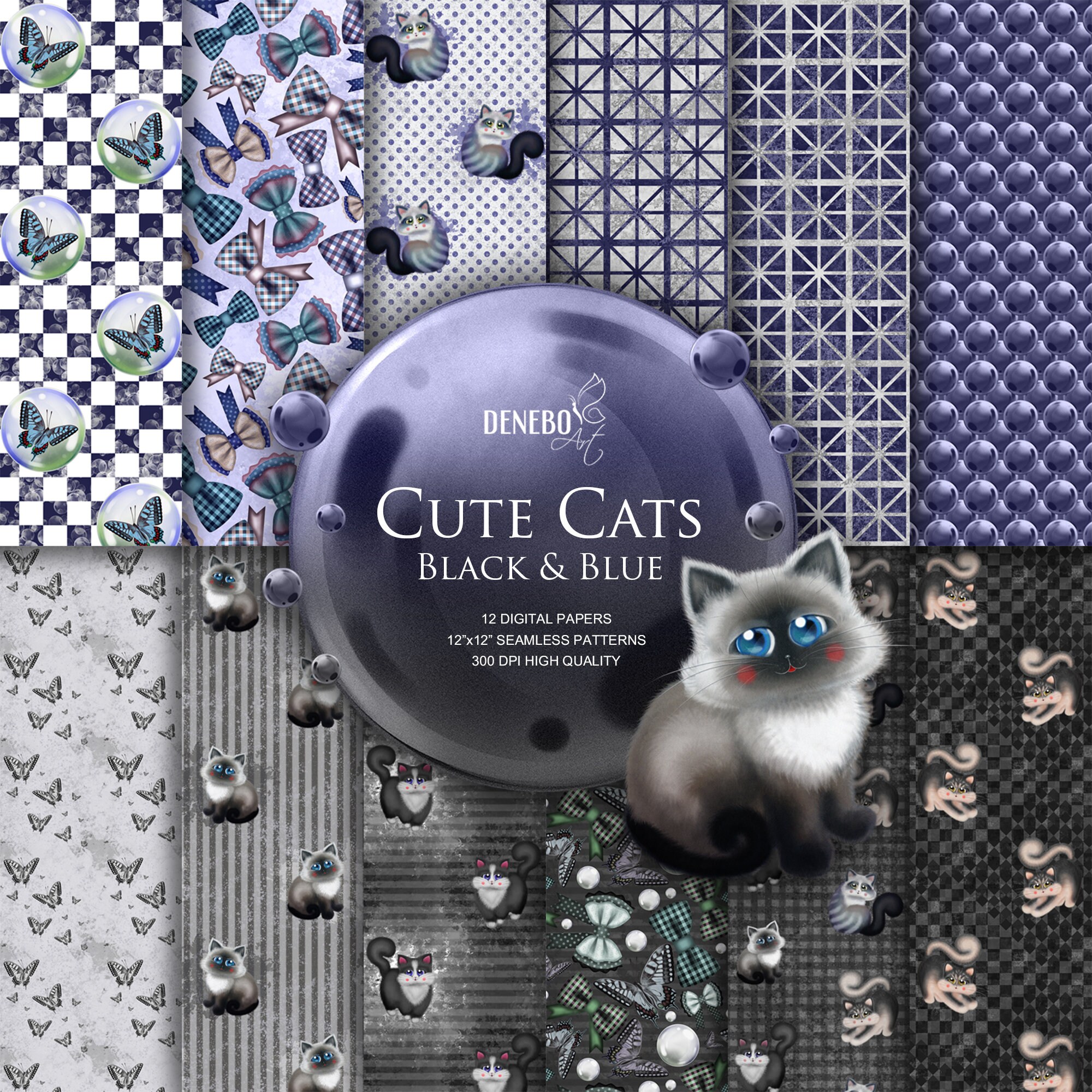 Cat Digital Papers, Seamless Pattern, Black and Blue Paper, Digital ...