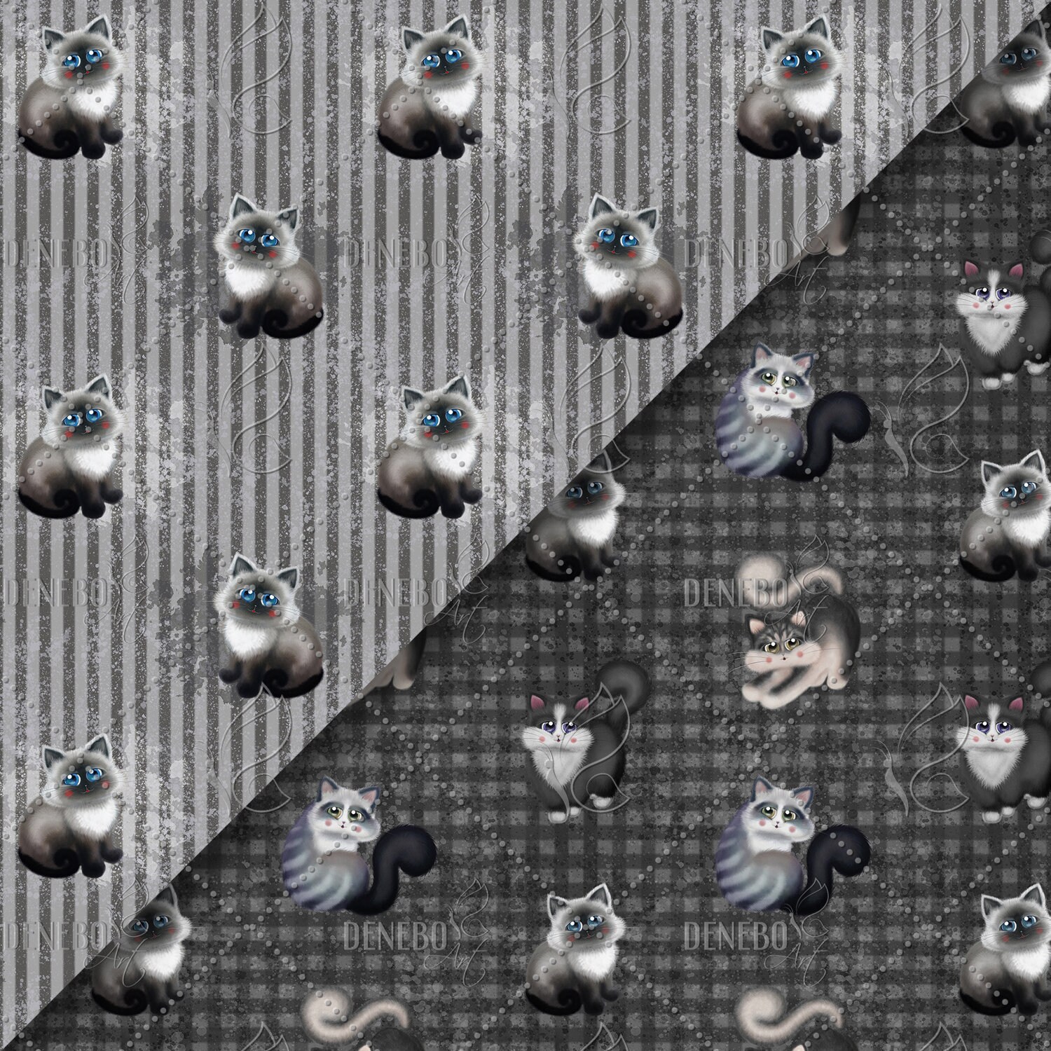 Cat Digital Papers, Seamless Pattern, Black and Blue Paper, Digital ...