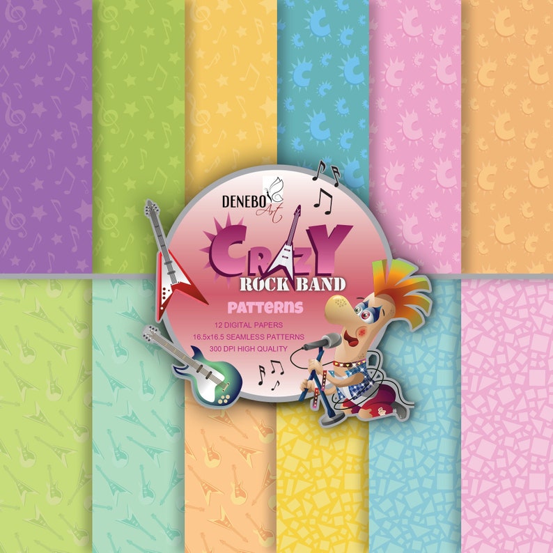 Colorful Digital Paper Set Music Notes Pattern Guitar Pattern Stars ...