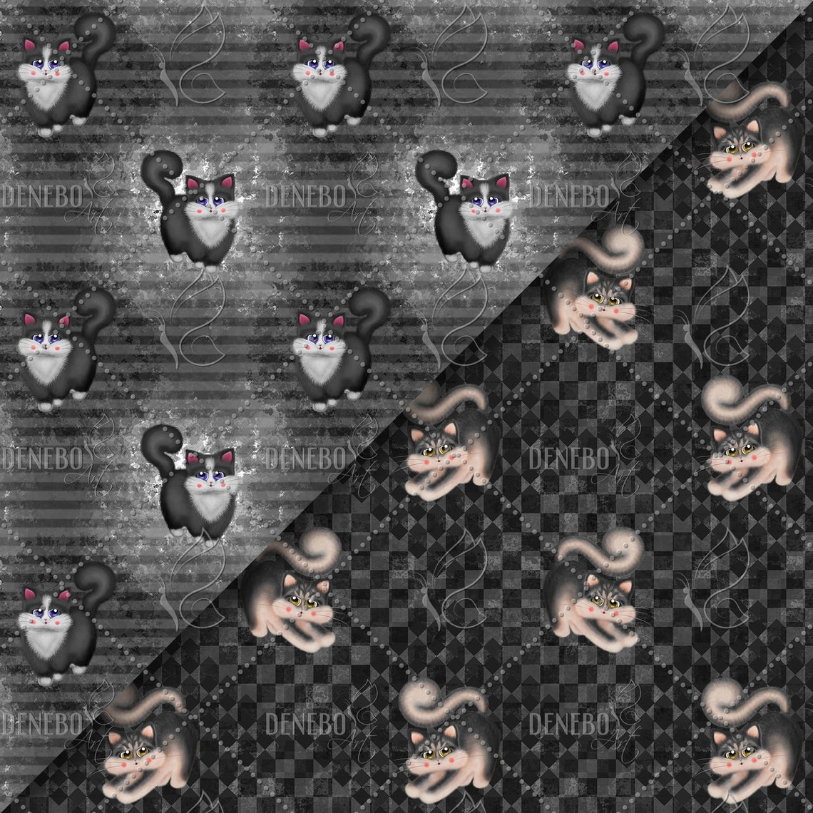 Cat Digital Papers, Seamless Pattern, Black and Blue Paper, Digital ...