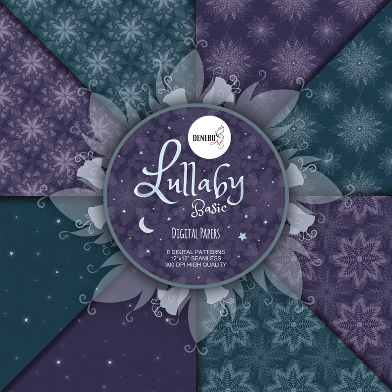 Night Sky Digital Paper Set Flower Pattern Stars Paper Pack Dark Blue ...