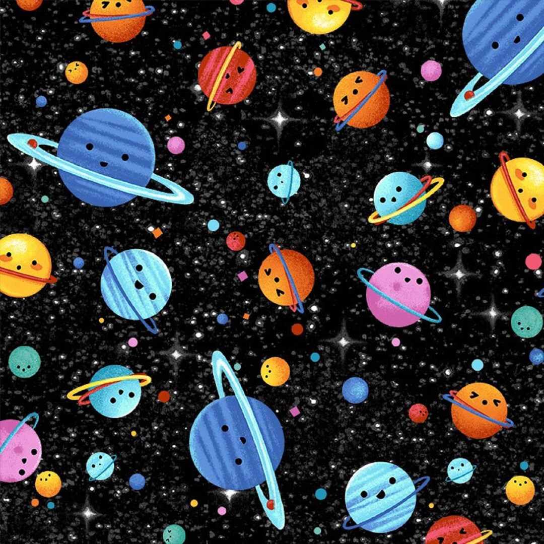 Michael Miller Cosmic Space Emoji Planets DM9304 on Black Background ...