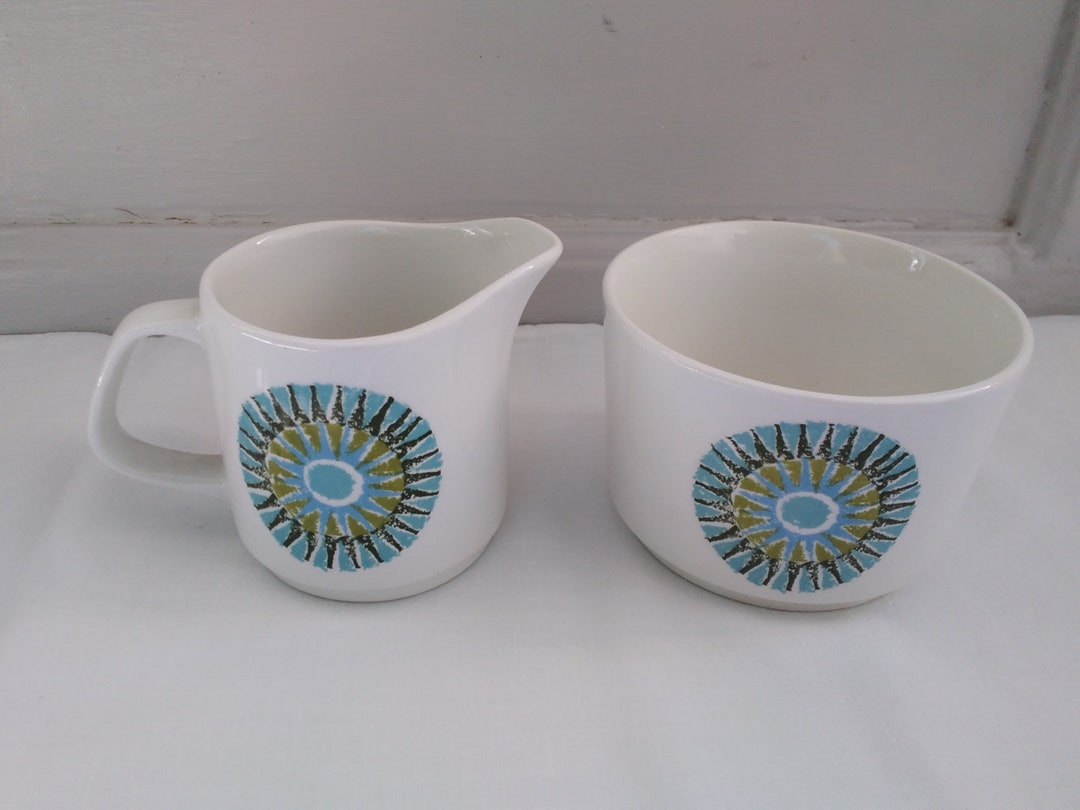 60s Meakin 'aztec' Small Milk Jug & Sugar Bowl, Pretty Green and Blue ...