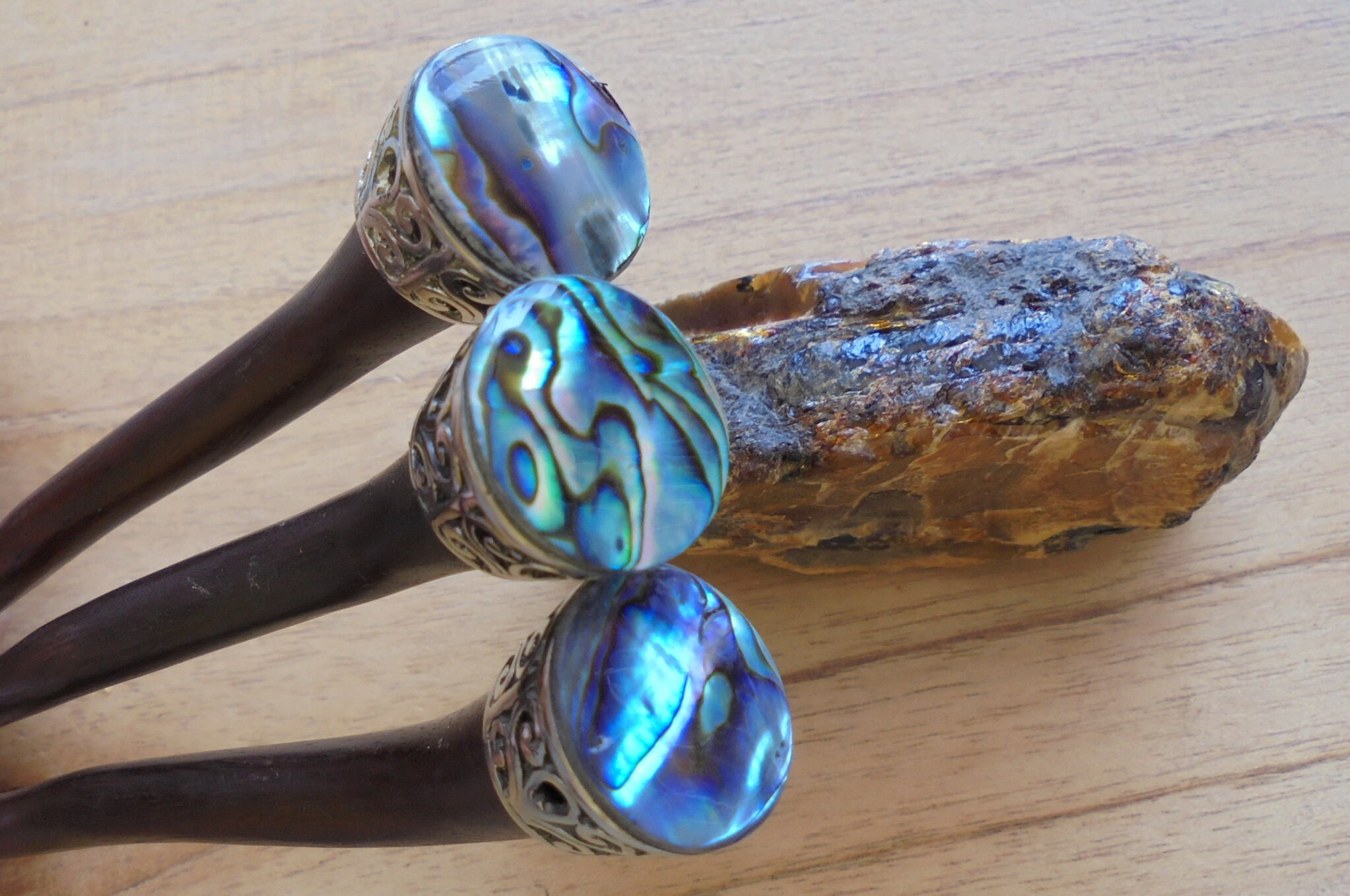1 Prong Wood Hair Sticks with Round Paua Shell Inlay Hair | Etsy