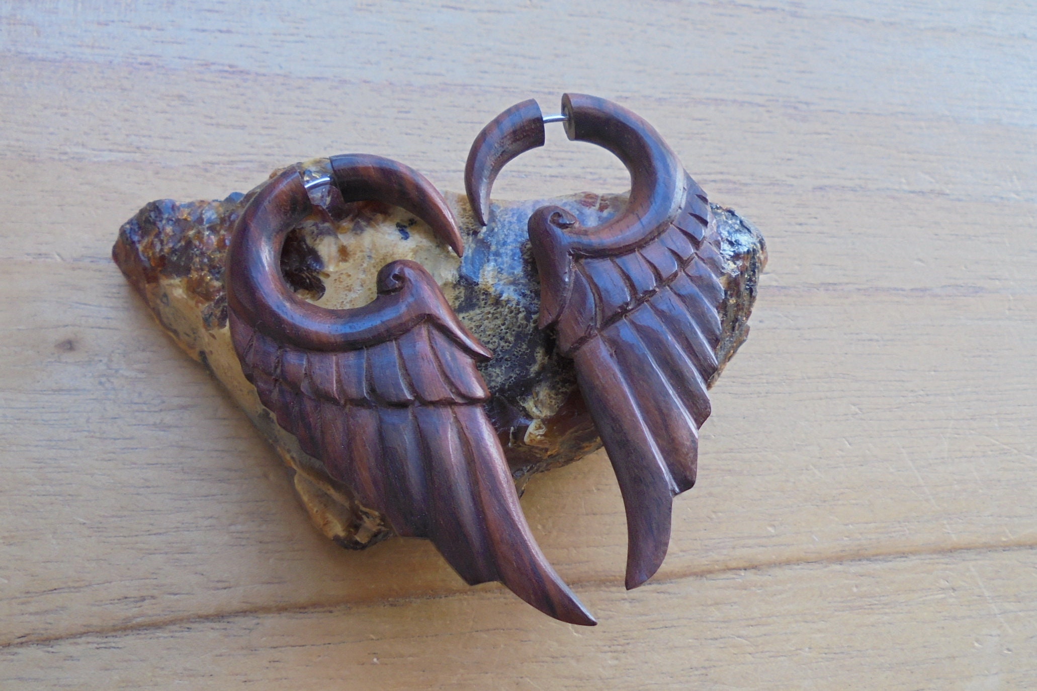 Angel Wings Earrings, Tribal Fake Earrings, Wood Fake Earrings, Wings ...