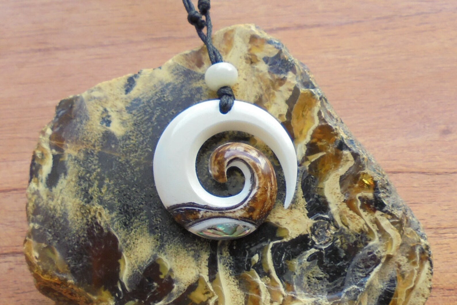 Maori Koru Spiral Bone Necklace With Paua Shell Inlay and | Etsy