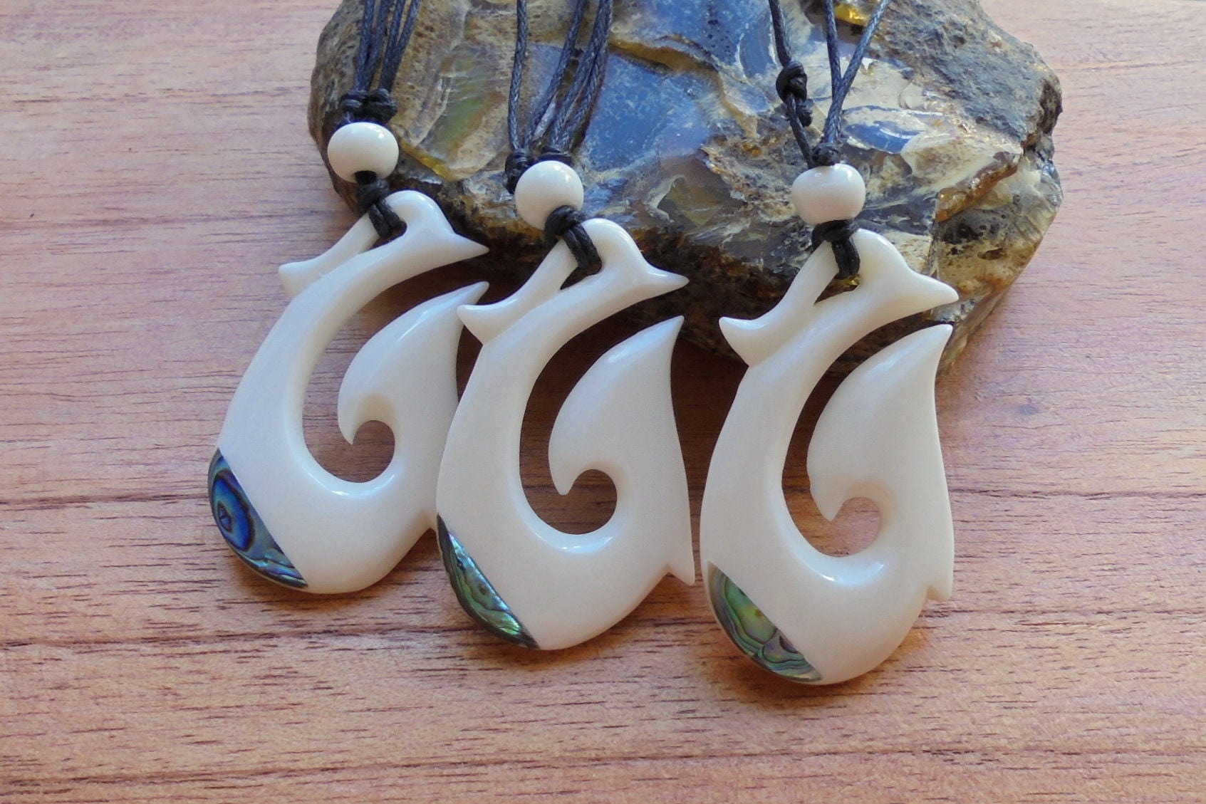Maori Fish Hook Bone Necklace With Paua Shell Inlay Hei - Etsy