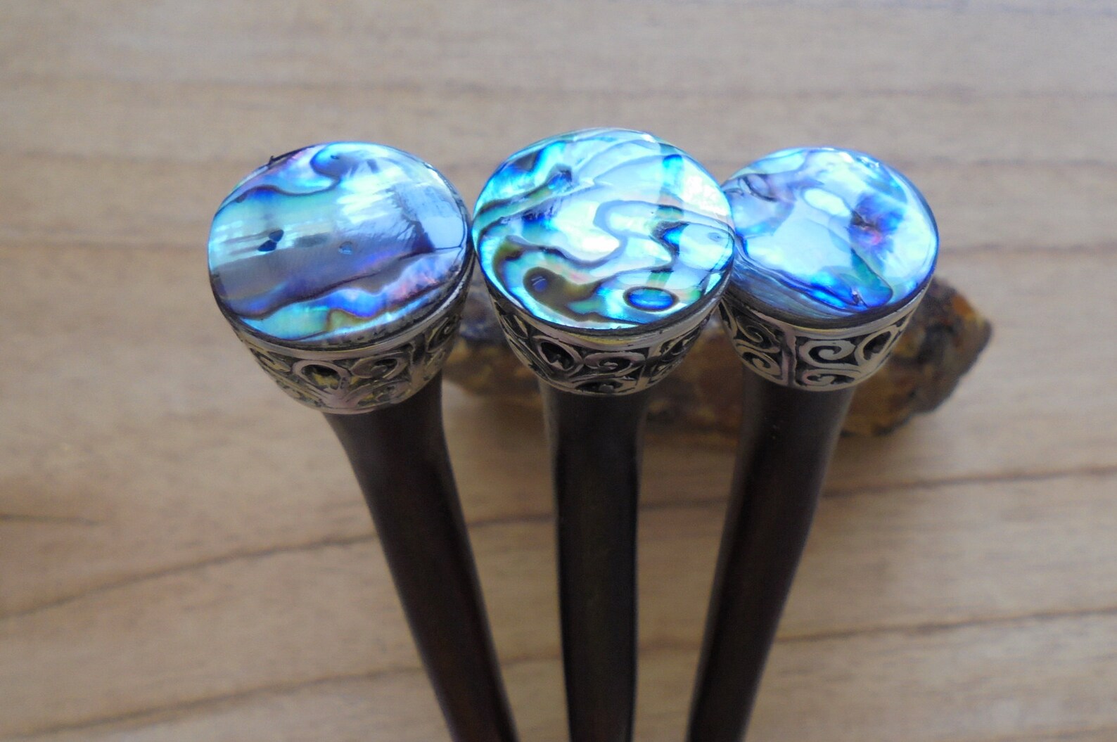 1 Prong Wood Hair Sticks With Round Paua Shell Inlay, Hair Pin, Hair ...