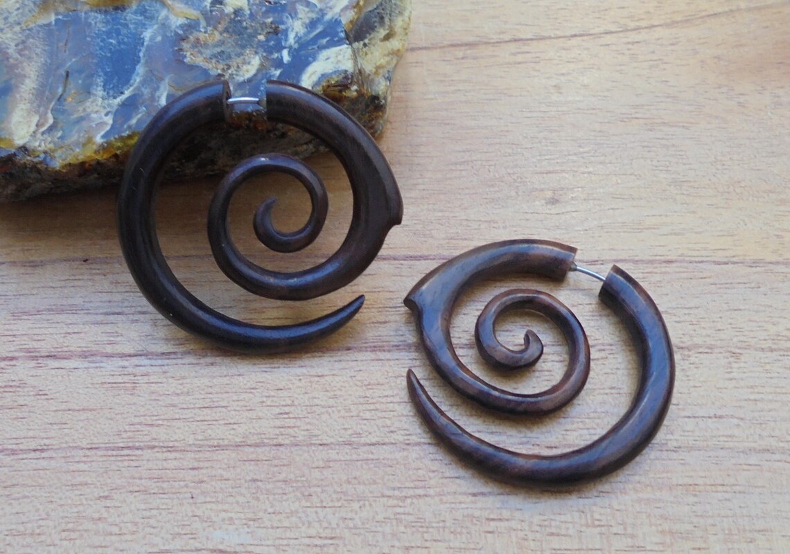 Fake Gauge Earrings Spiral Fake Earrings Wood Fake Earrings - Etsy