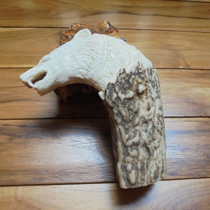 Hand Carved Wolf Head Knife Handle, Wolf Carving, Deer Antler Carving ...