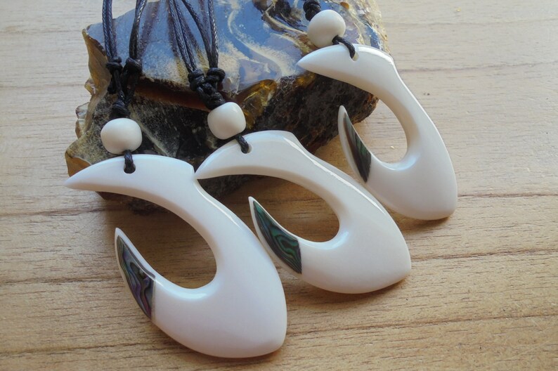 Maori Fish Hook Bone Necklace With Paua Shell Inlay Hei - Etsy