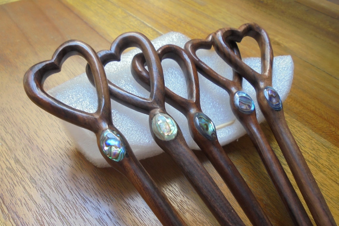 1 Prong Heart Wood Hair Stick With Paua Shell Inlay, Hair Pin, Hair ...