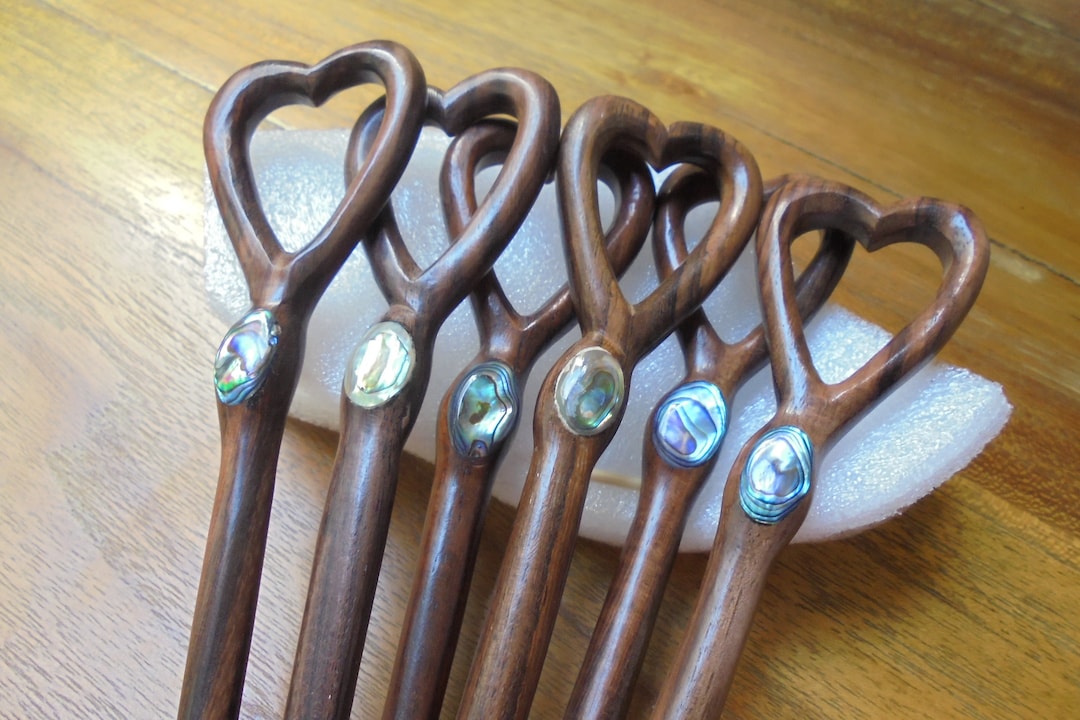 1 Prong Heart Wood Hair Stick With Paua Shell Inlay, Hair Pin, Hair ...