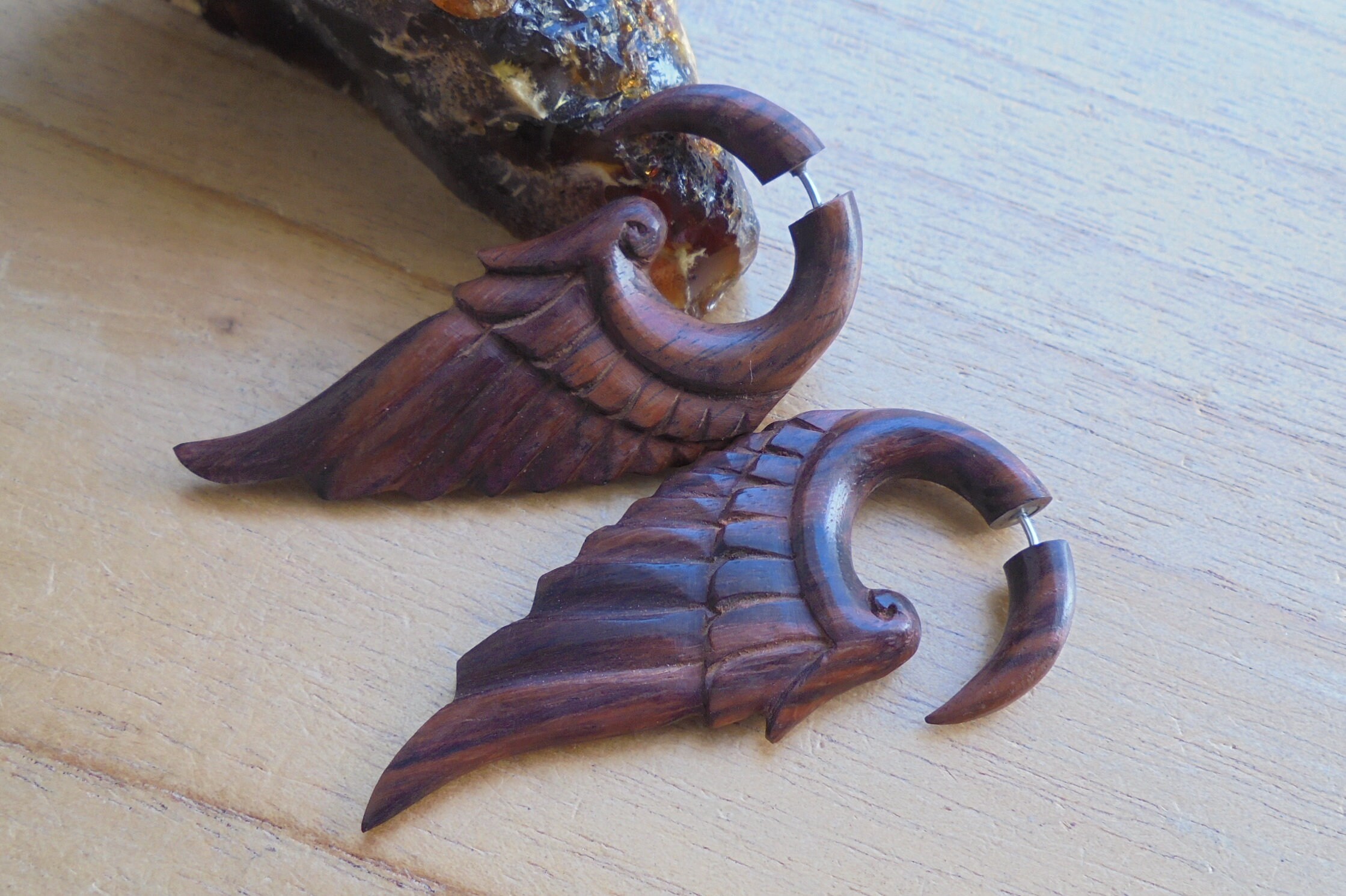 Angel Wings Earrings, Tribal Fake Earrings, Wood Fake Earrings, Wings ...